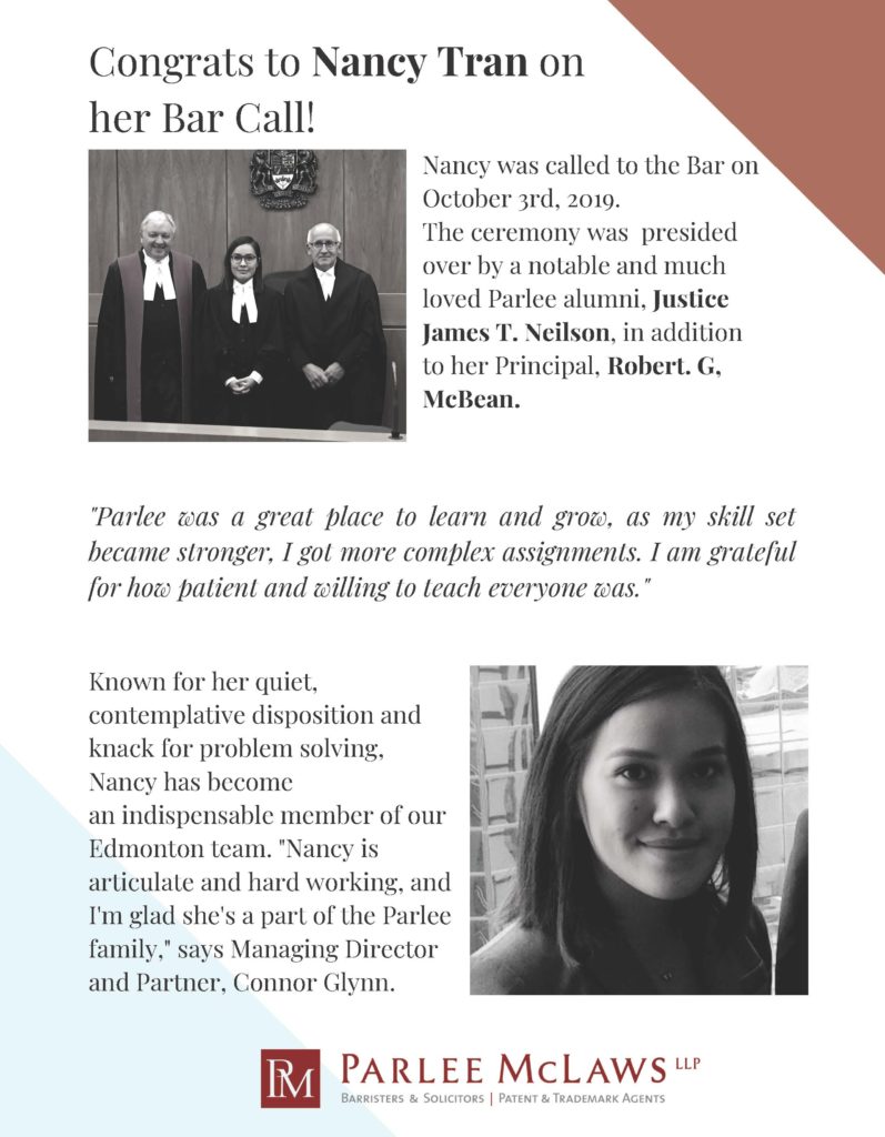 Congratulations to Nancy Tran! - Parlee McLaws LLP